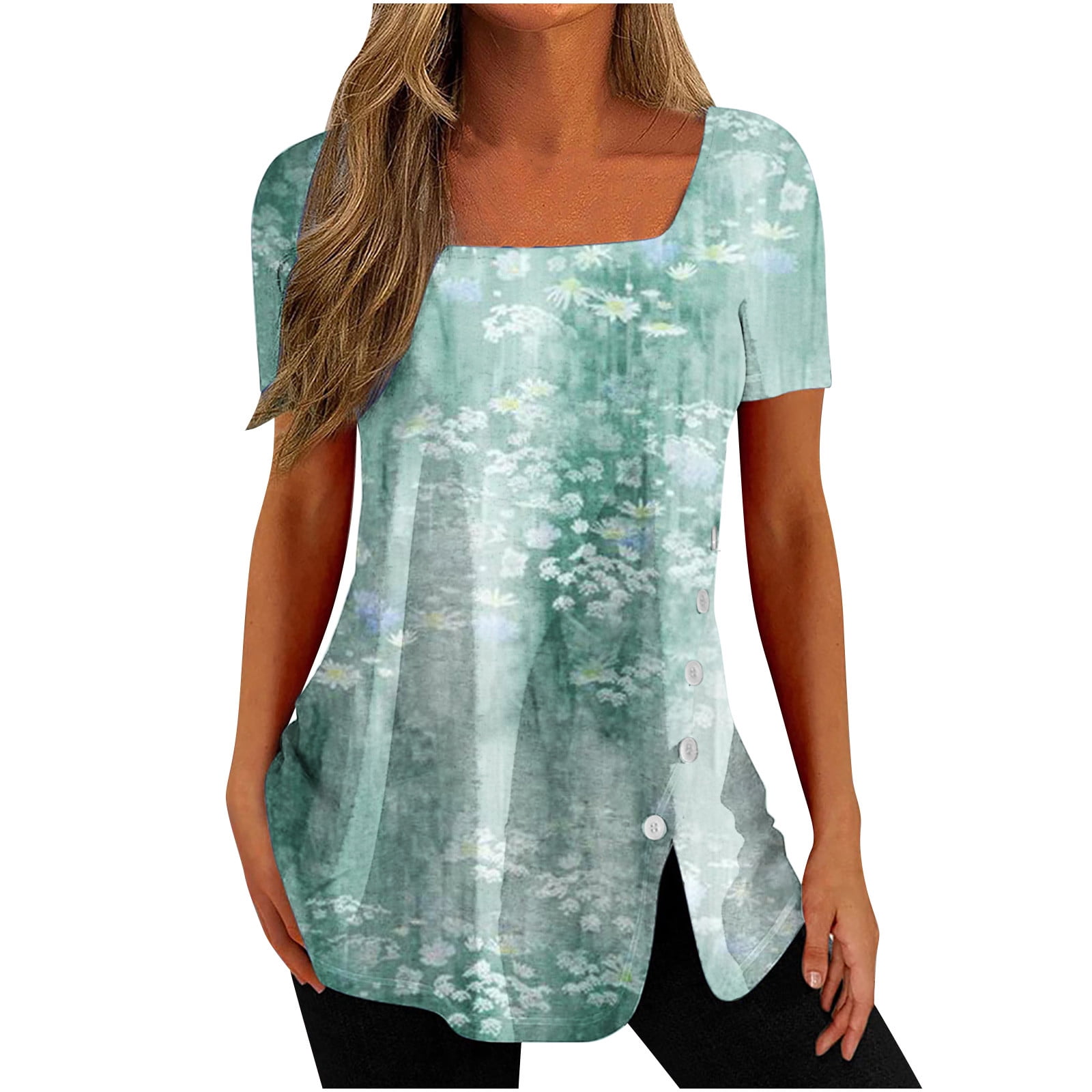 Taqqpue Womens Plus Size Tops Square Neck Side Split Button Tunic Tops ...