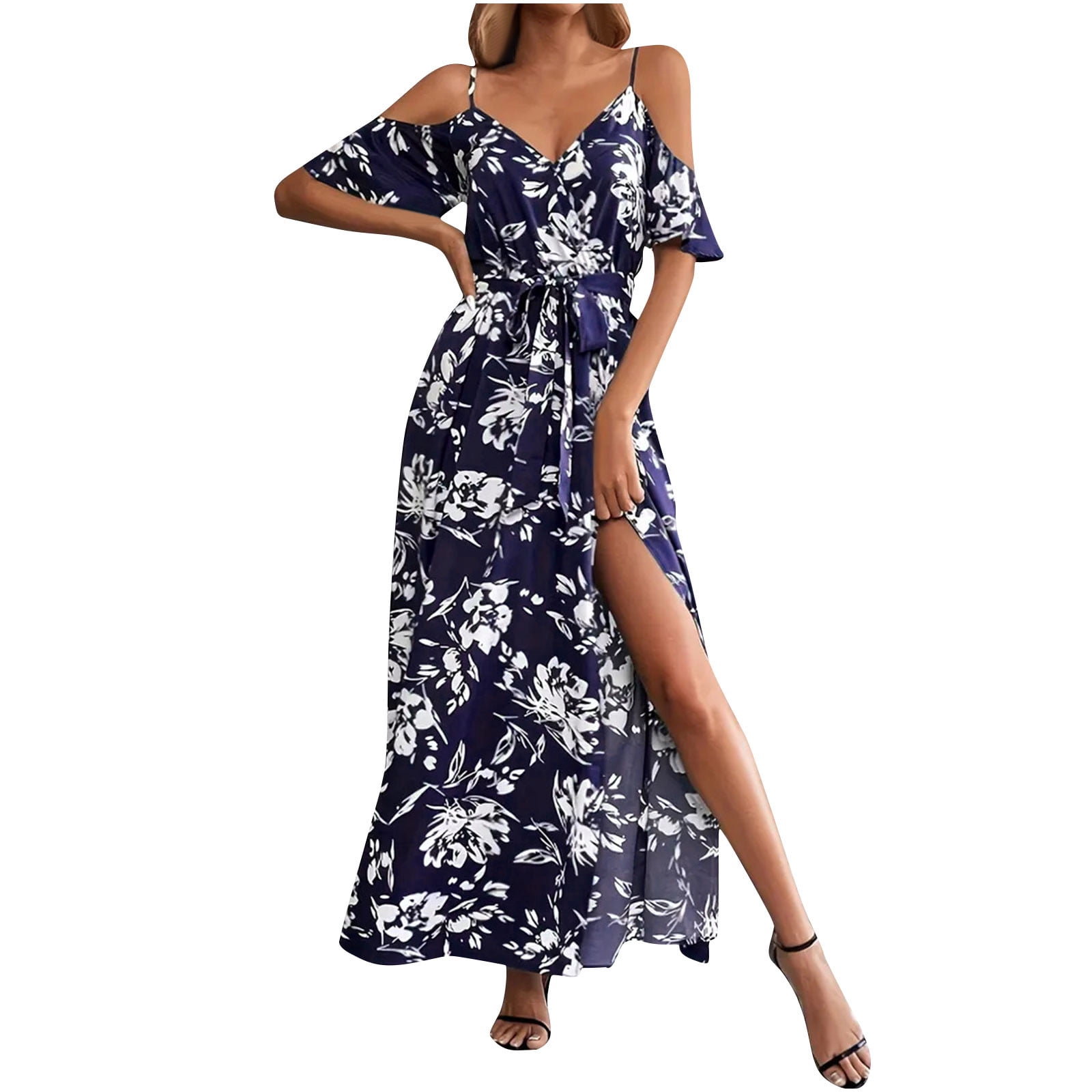 Taqqpue Womens Summer Maxi Dress V Neck Cold Shoulder Short Sleeve ...