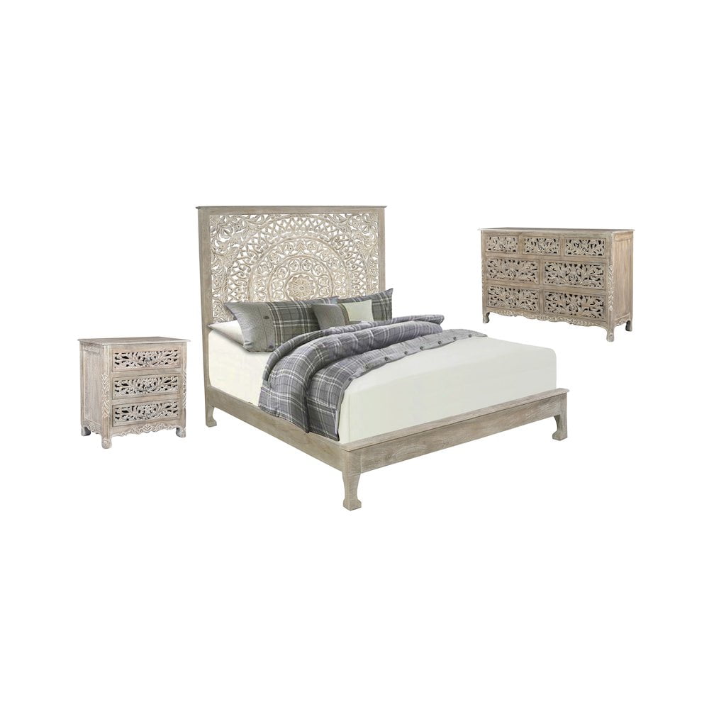 Taran Designs Auden 3-piece Floral Carved Solid Wood Bedroom Set - Walmart.com