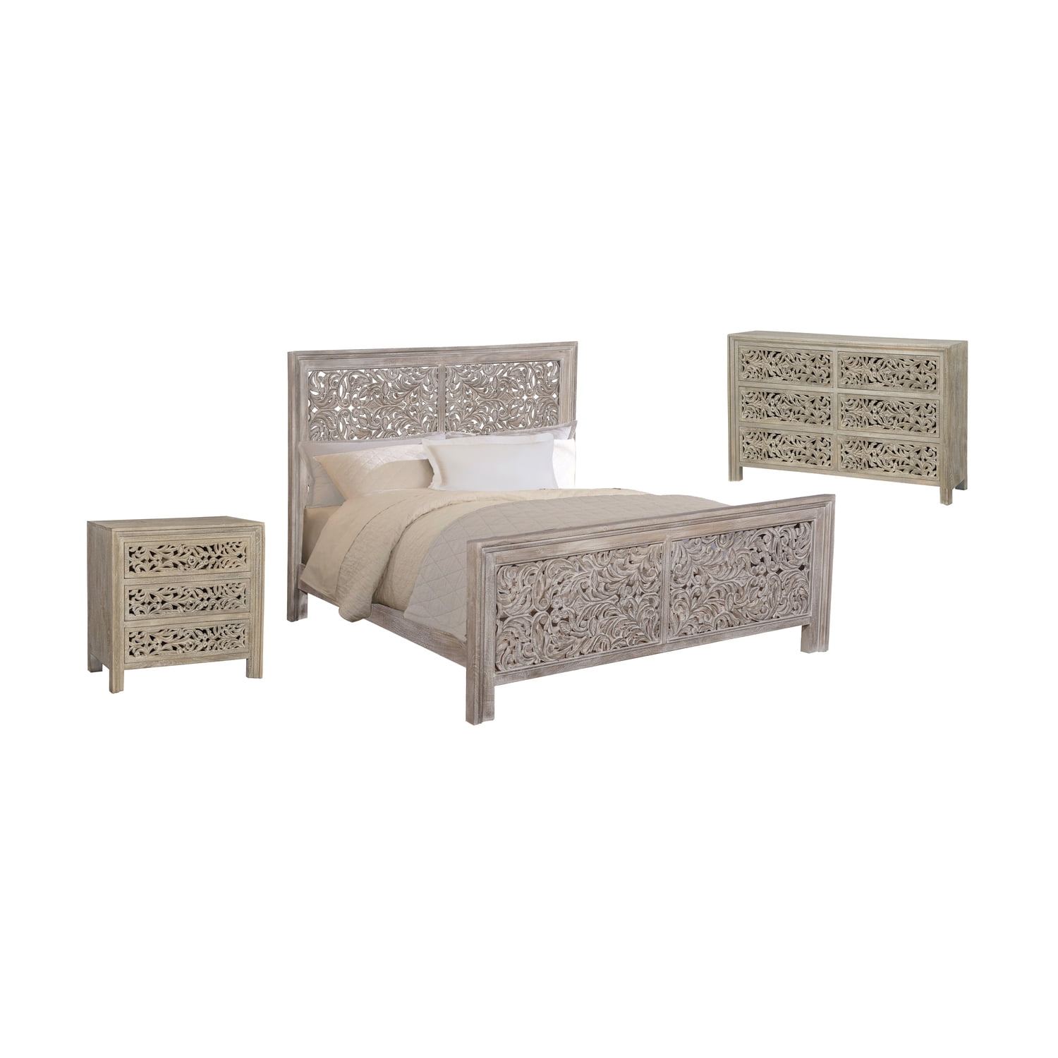 Taran Designs Fillian 3-piece Floral Carved Solid Wood Bedroom Set in Gray - Walmart.com