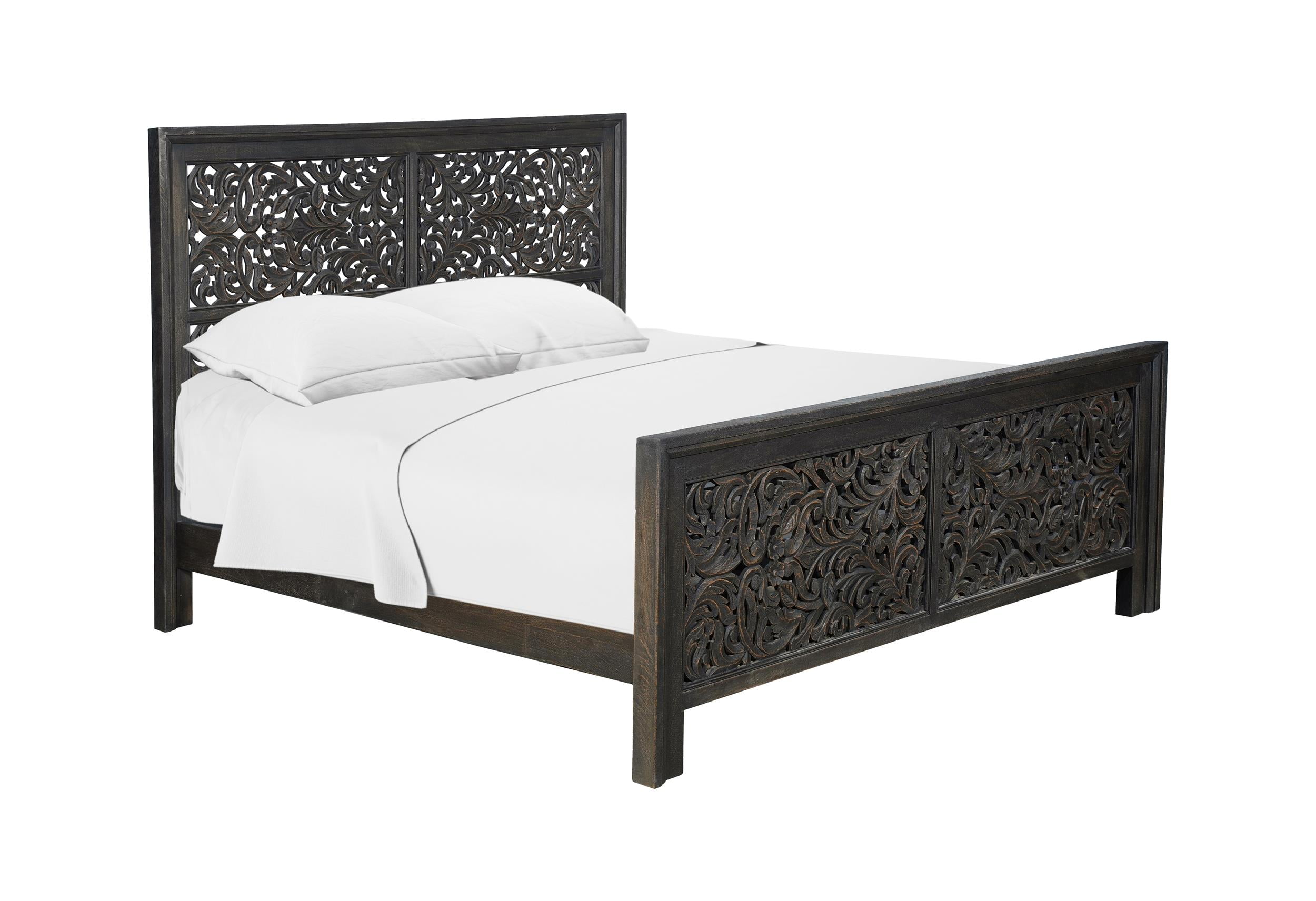 Taran Designs Fillian Floral Carved Solid Wood King Panel Bed in Black ...