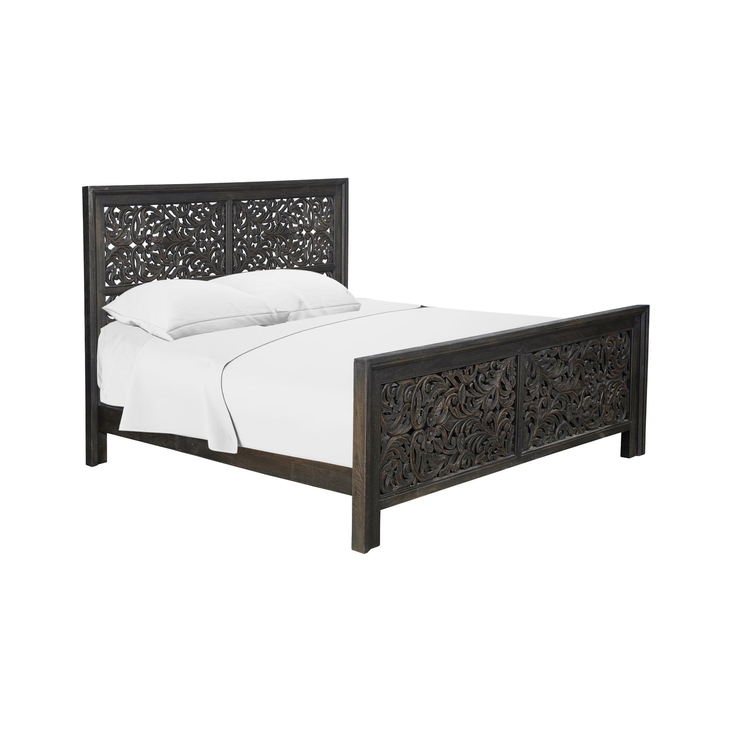 Taran Designs Fillian Floral Carved Solid Wood King Panel Bed in Black - Walmart.com