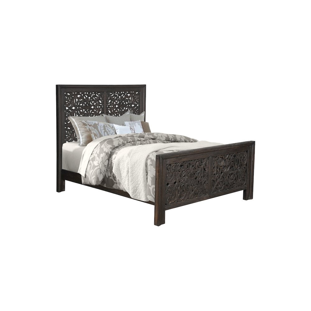 Taran Designs Fillian Floral Carved Solid Wood Queen Panel Bed in Black ...