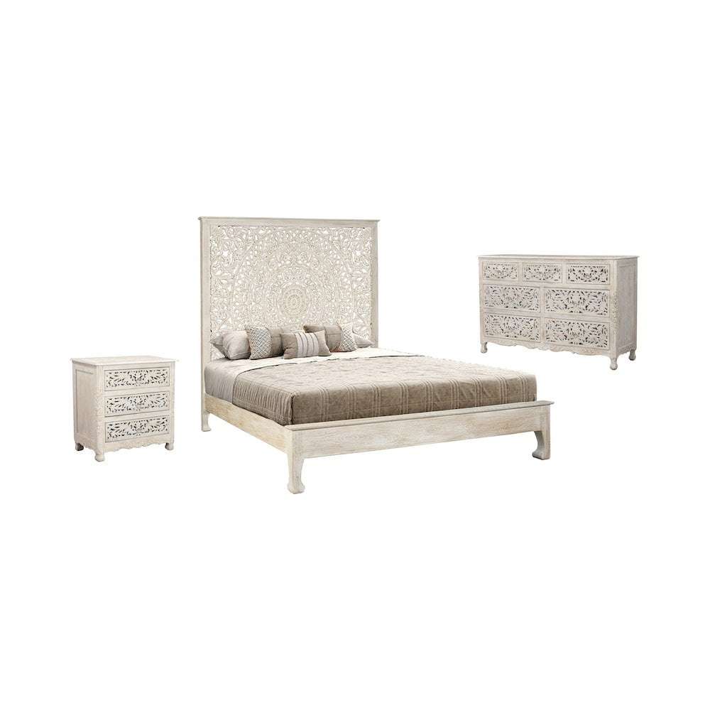 Taran Designs Gianna 3-piece Floral Carved Solid Wood Bedroom Set in White - Walmart.com