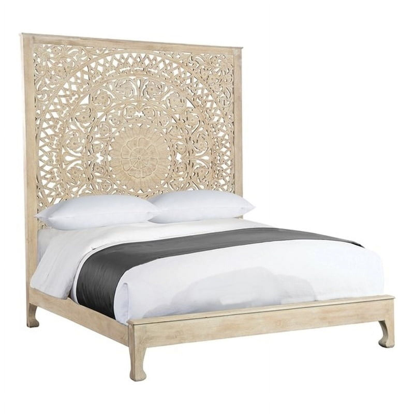 Taran Designs Gianna Carved Wood Panel Queen Bed in Sand White ...