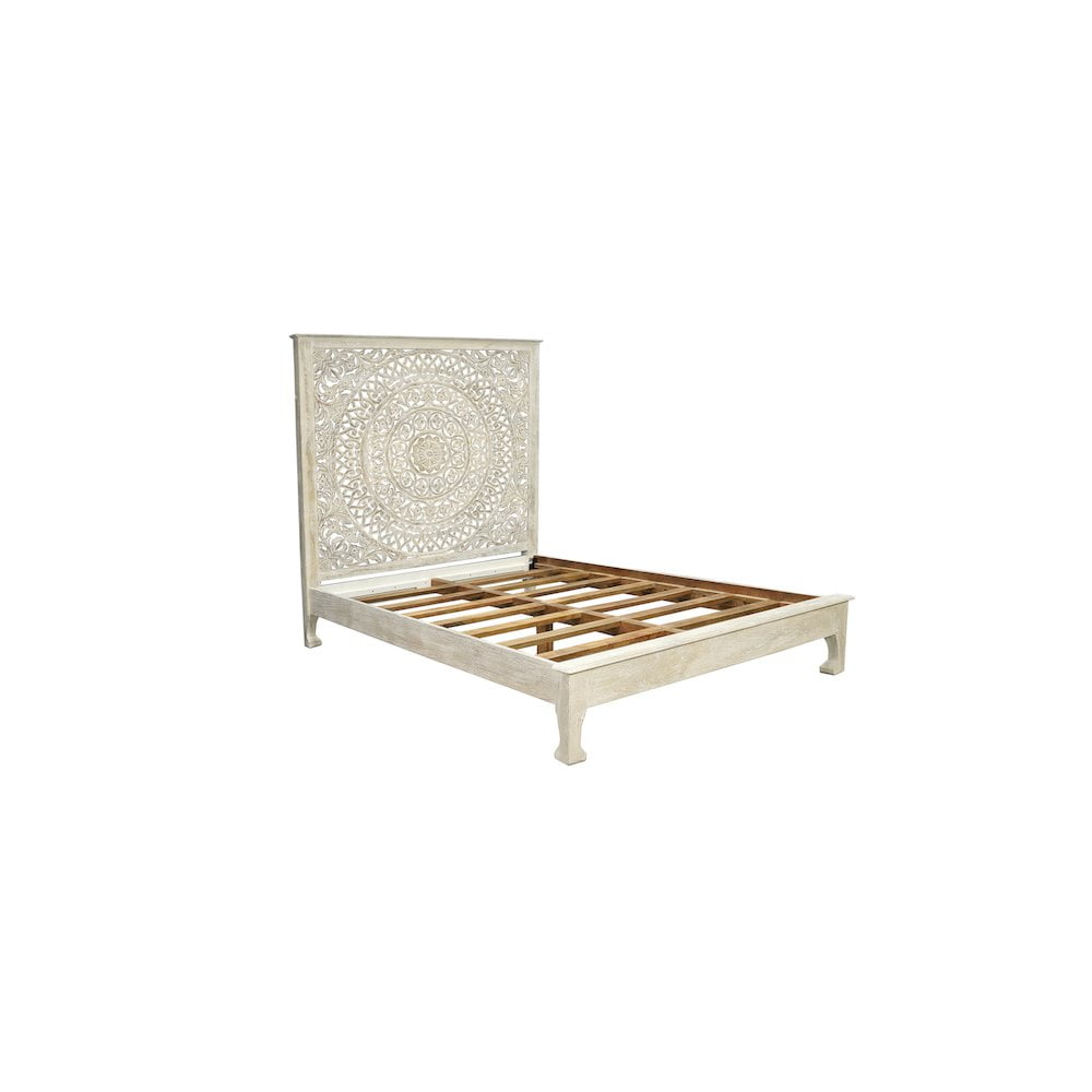 Taran Designs Gianna Floral Carved Solid Wood Queen Bed in Gray ...