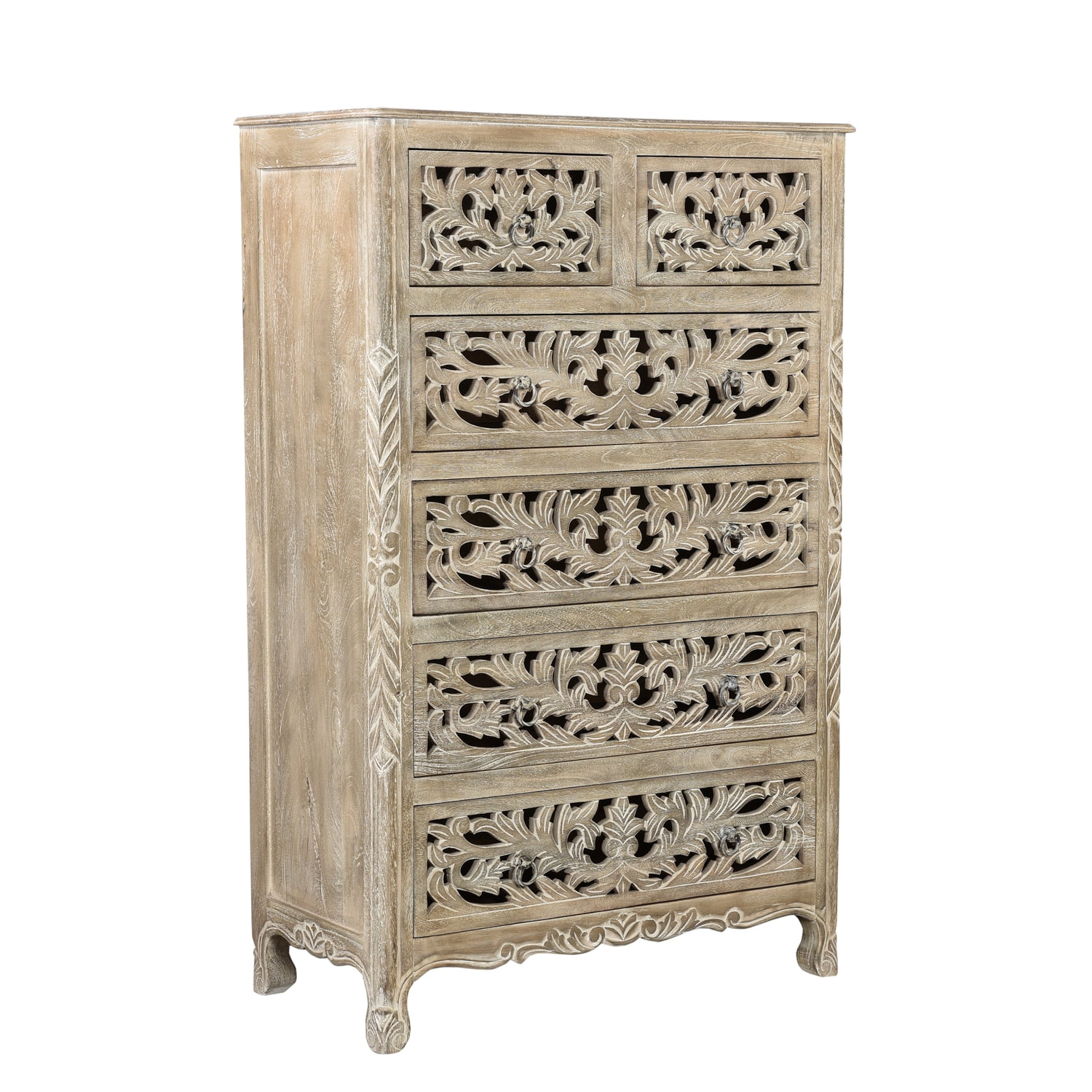 Taran Designs Monte 6-Drawer Floral Carved Mango Wood Chest in Gray ...