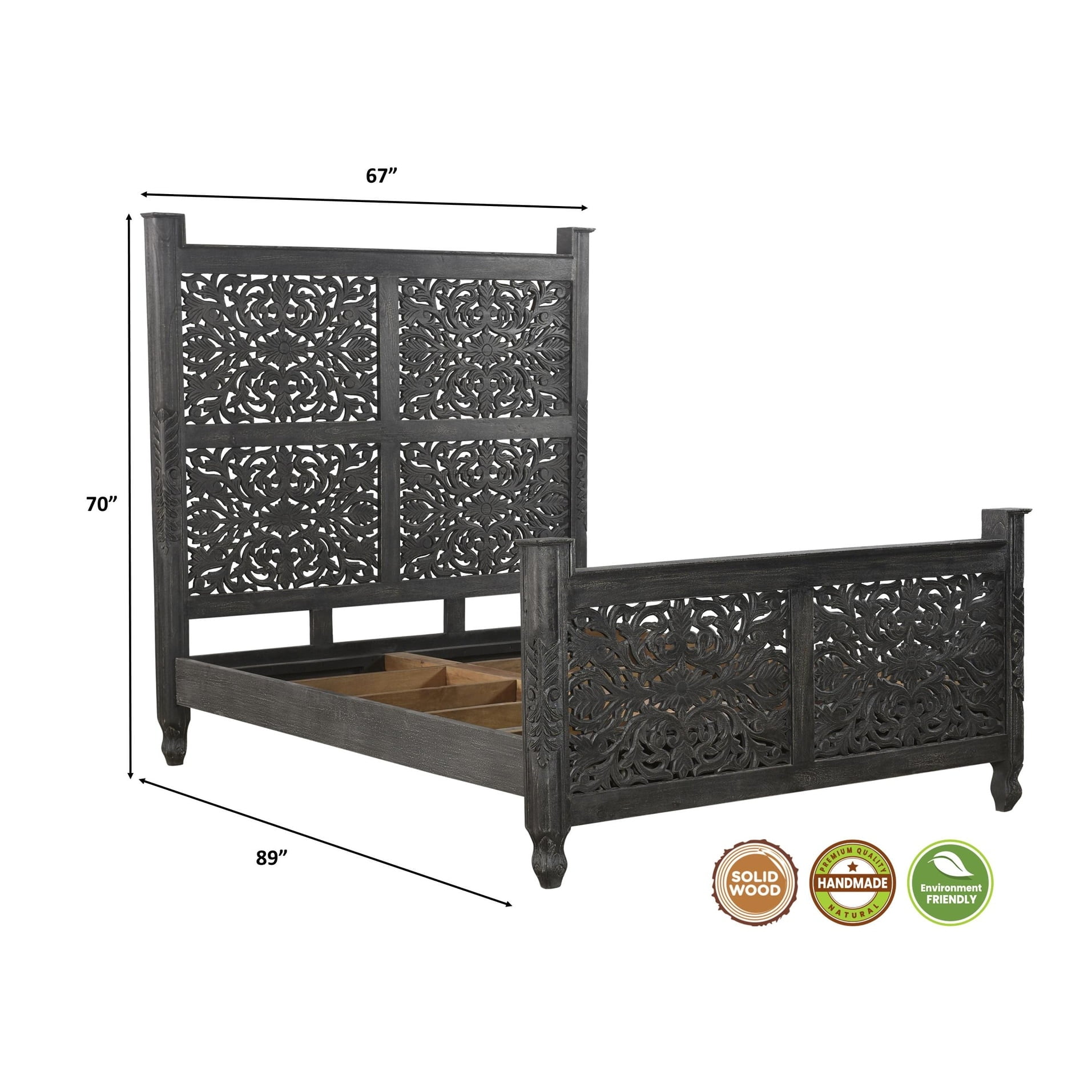 Taran Designs Monte Floral Carved Solid Wood Queen Panel Bed in Black ...