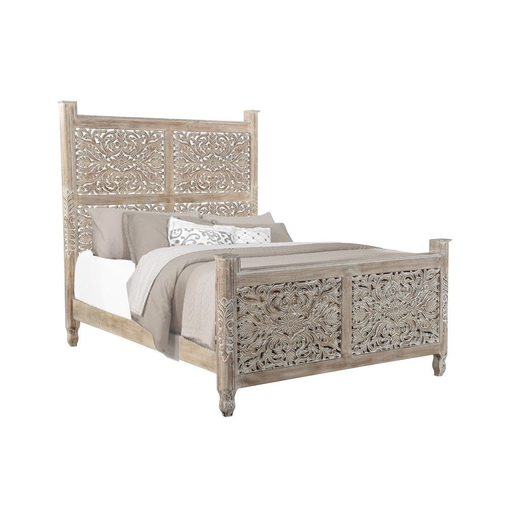 Taran Designs Monte Floral Carved Solid Wood Queen Panel Bed in Gray ...