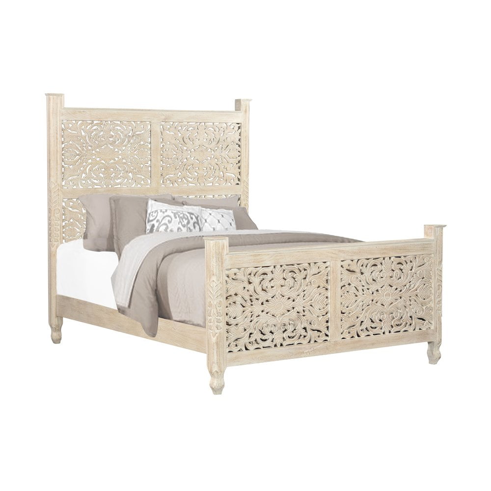 Taran Designs Monte Floral Carved Solid Wood Queen Panel Bed in White ...