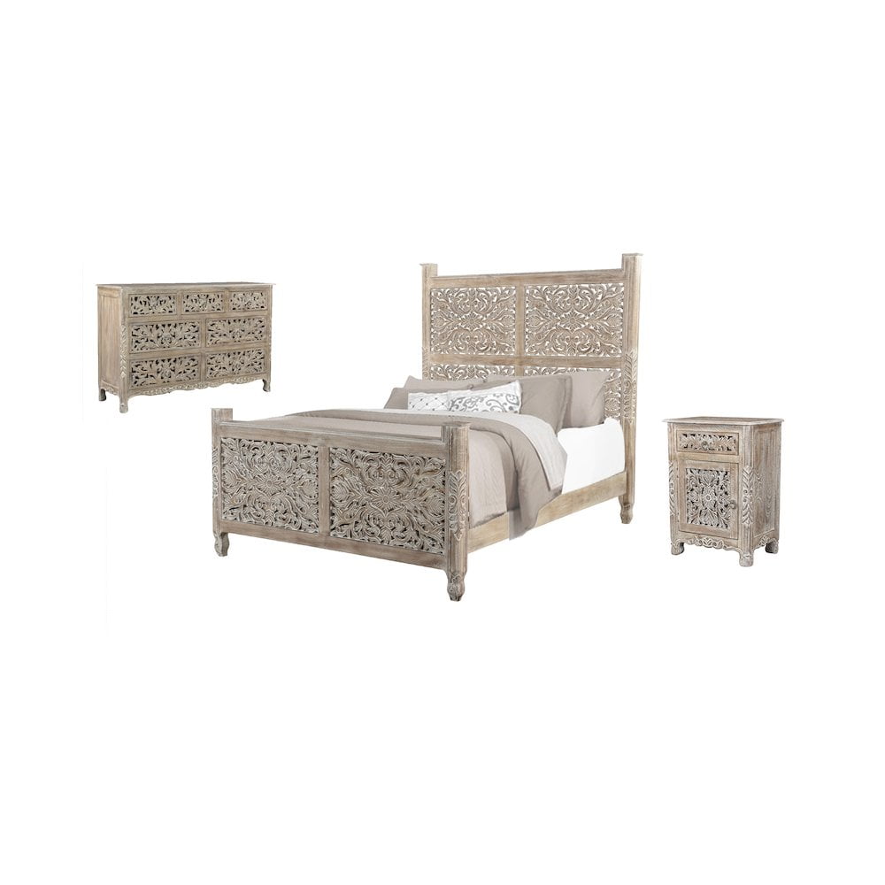 Taran Designs Monte 3-piece Floral Carved Solid Wood Bedroom Set in ...
