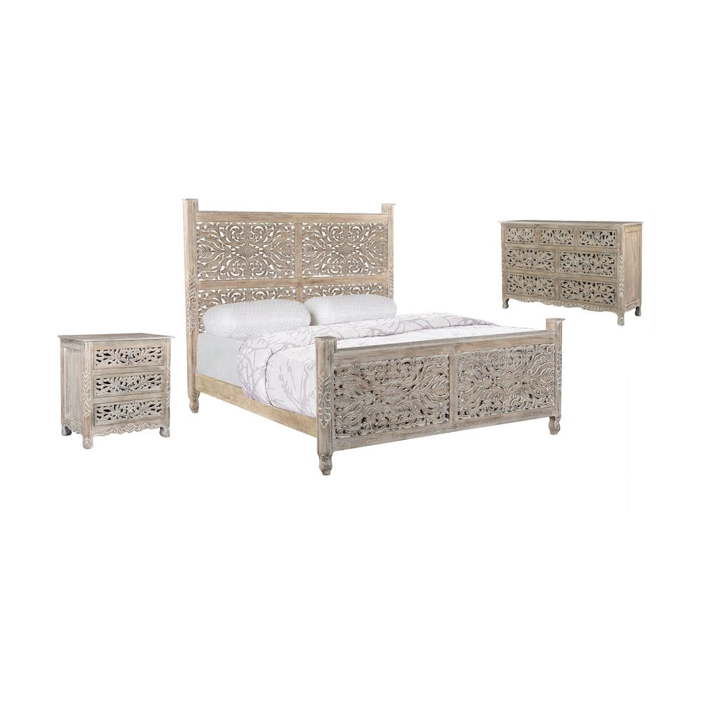 Taran Designs Elowen 3-piece Floral Carved Solid Wood Bedroom Set ...