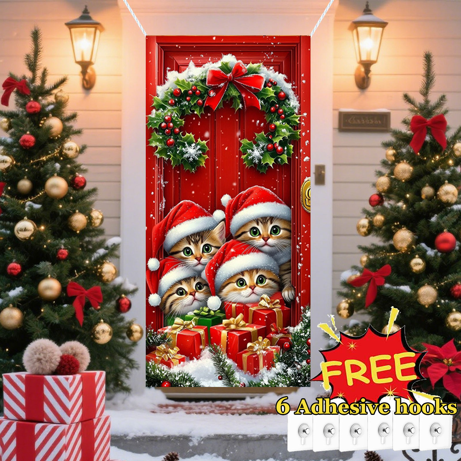 Tarmeek Christmas Door Cover Decorations, Cute Cats Backdrop Front Door ...
