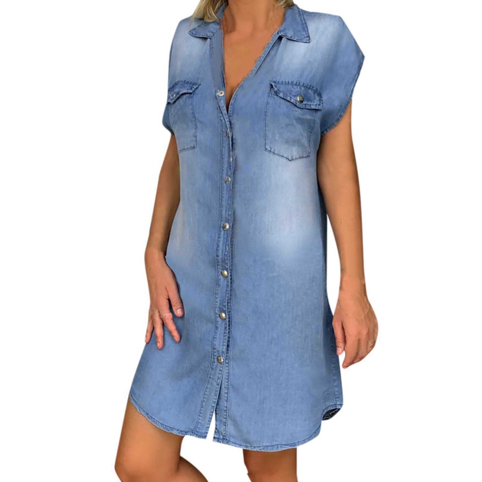 Tarmeek Women Denim Shirt Dresses Short Sleeve Distressed Jean Dress ...