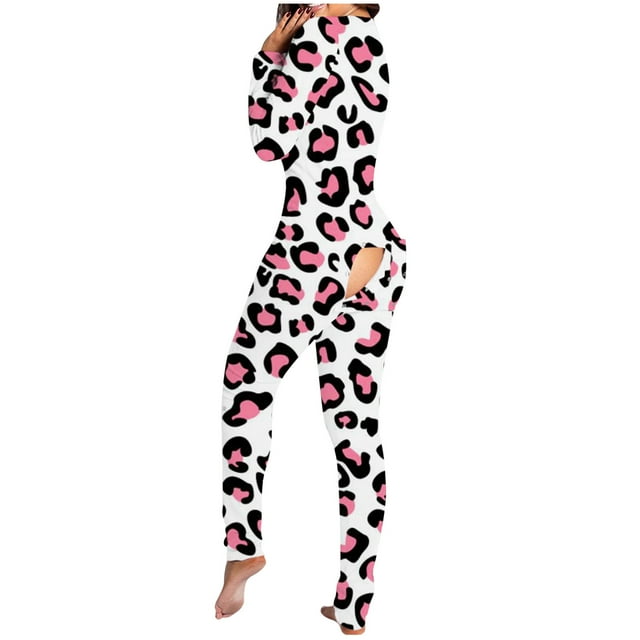 Tarmeek Womens Sexy Deep V Neck Button Down Butt Flap Pajamas Printed