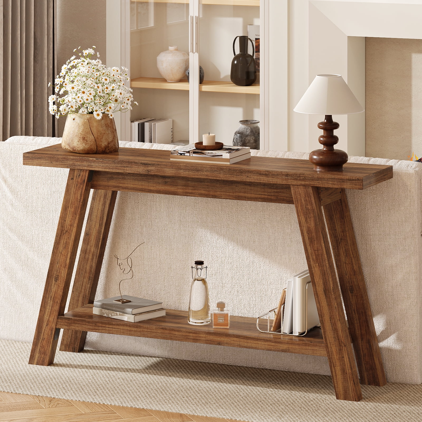 Tarnorci 54.33" Farmhouse Console Table 2-Tier Wood Entryway Table Sofa ...