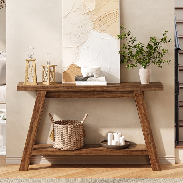 54" Farmhouse 2-Tier Console Table ,Wooden Entryway Sofa Table, Brown ...