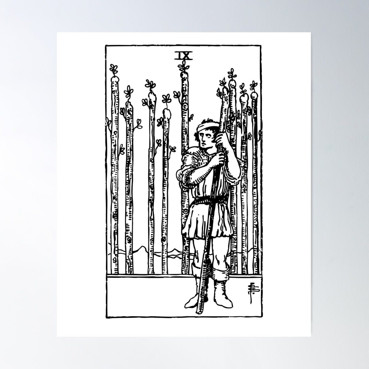 Tarot Card : 9 Of Wands | Nine Of Wands | Black & White Poster Wall Art ...