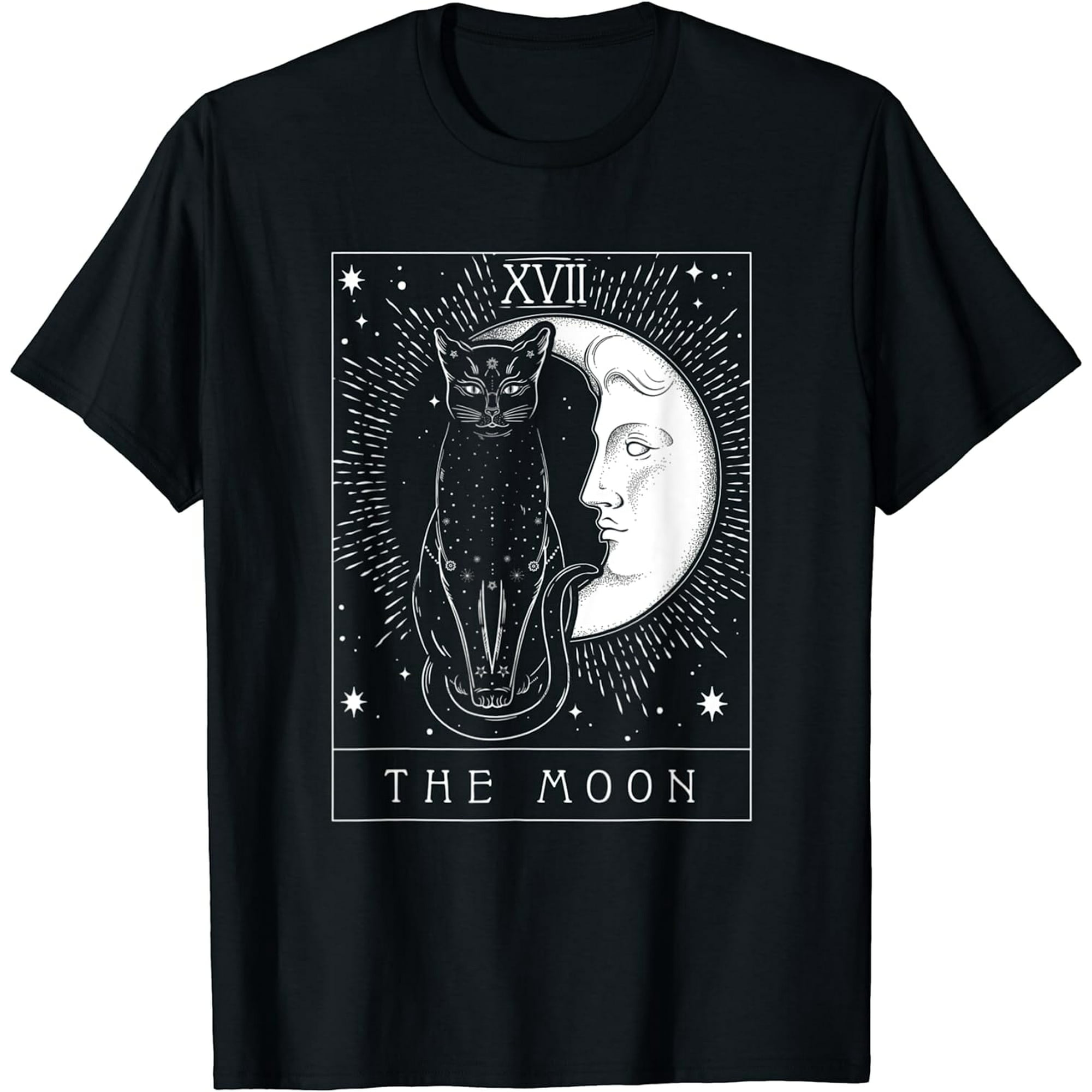 Tarot Card Crescent Moon And Cat Graphic Costume Short Sleeve Black T ...