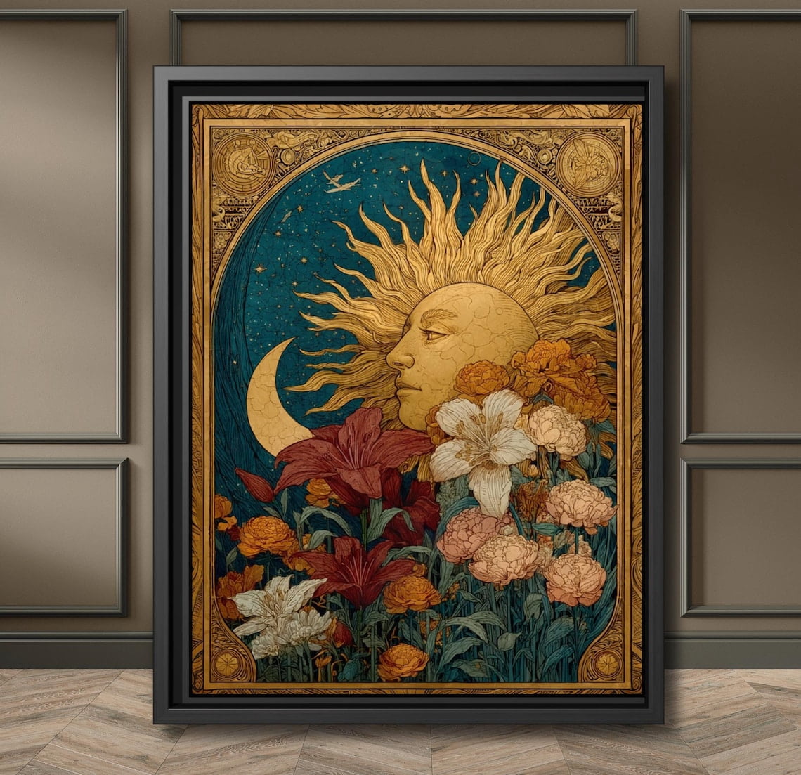 Tarot Inspired Celestial Sun And Moon Poster Wall Art Mystical Floral ...