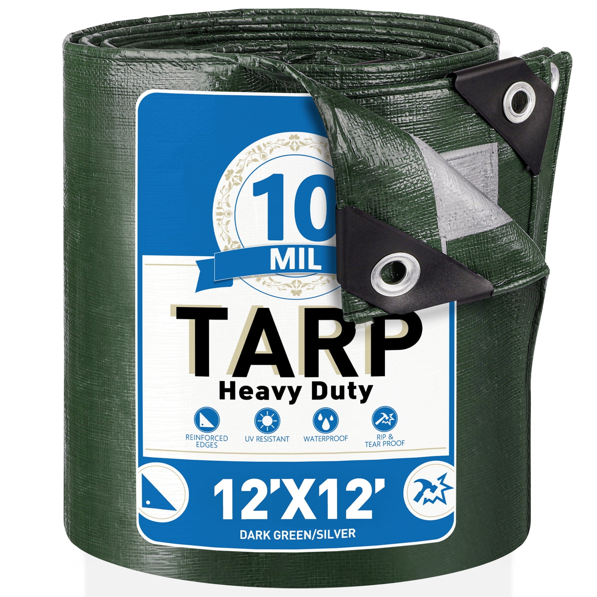 Tarps Heavy Duty Waterproof 12' x 12', 10 Mil Large Tarp with Grommets ...