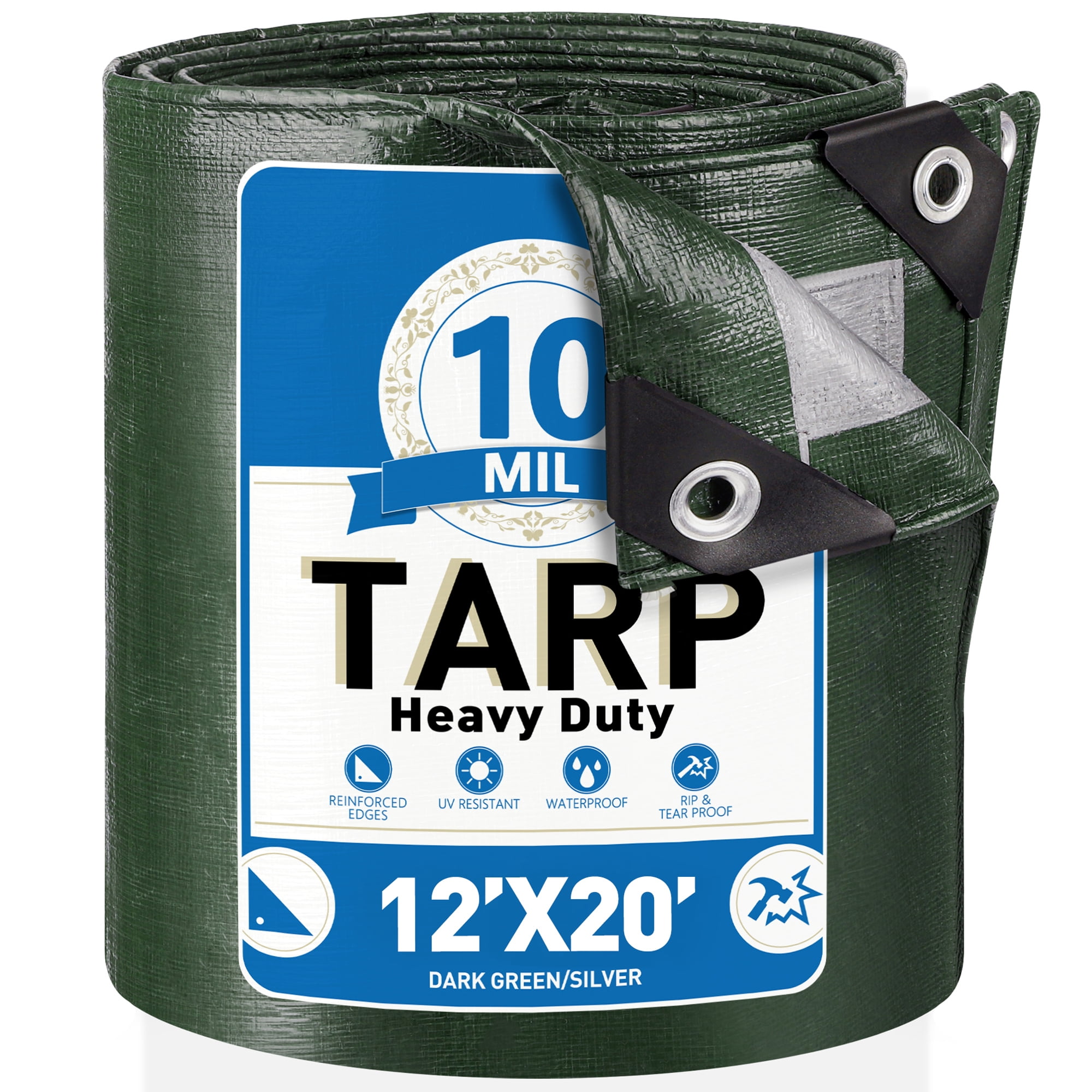 Tarps Heavy Duty Waterproof 12' x 20', 10 Mil Large Tarp with Grommets ...