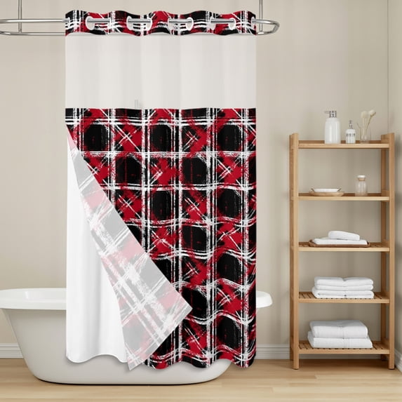 Tartan No Hook Shower Curtain with Snap in Liner, Scottish Plaid Red ...