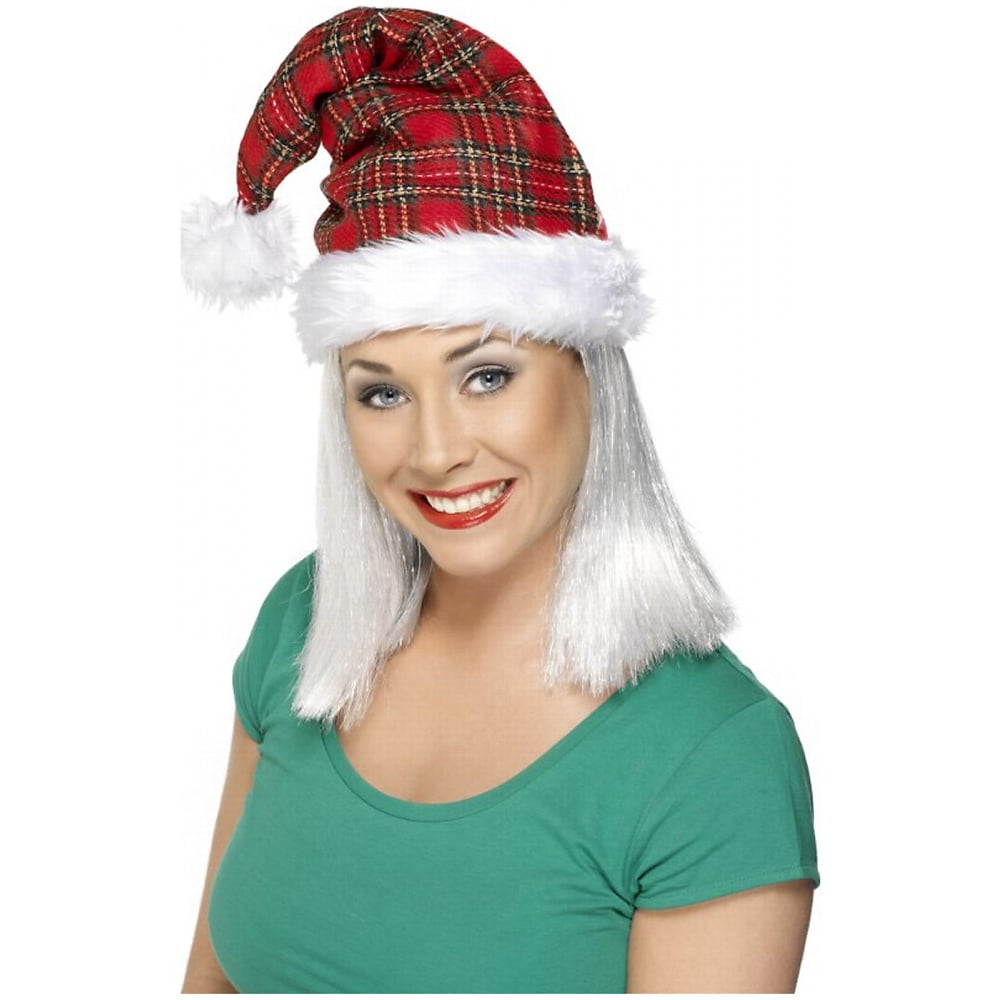 Adult Sized Thick Trimmed Tartan Santa Hat Christmas Costume Accessory ...
