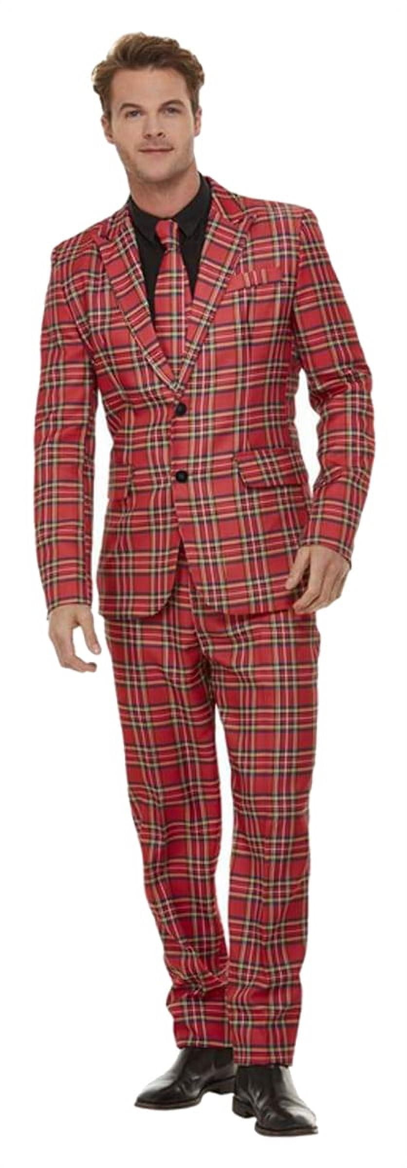 Smiffys Stand Out Red Plaid Tartan Suit Adult Mens Fun Jacket Pants Tie ...