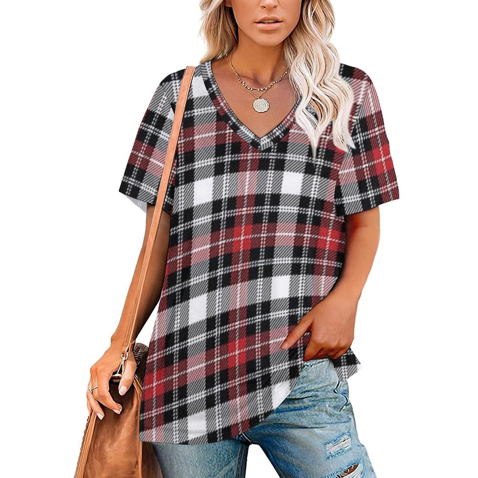 Tartan Texture Classic V Neck Korean Fashion Oversize T-Shirt Short ...