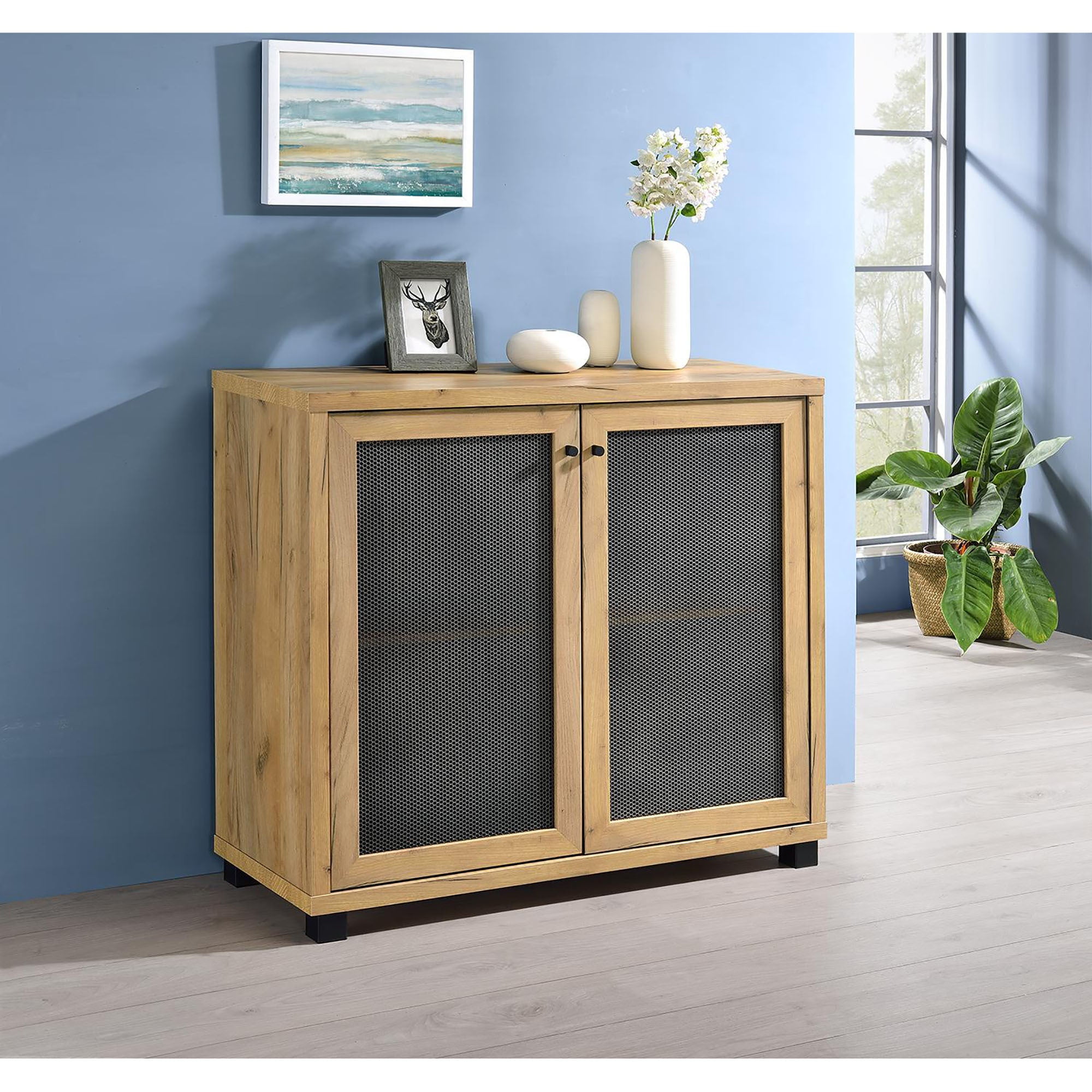 Tasha Golden Oak Accent Cabinet with Mesh Door - Walmart.com