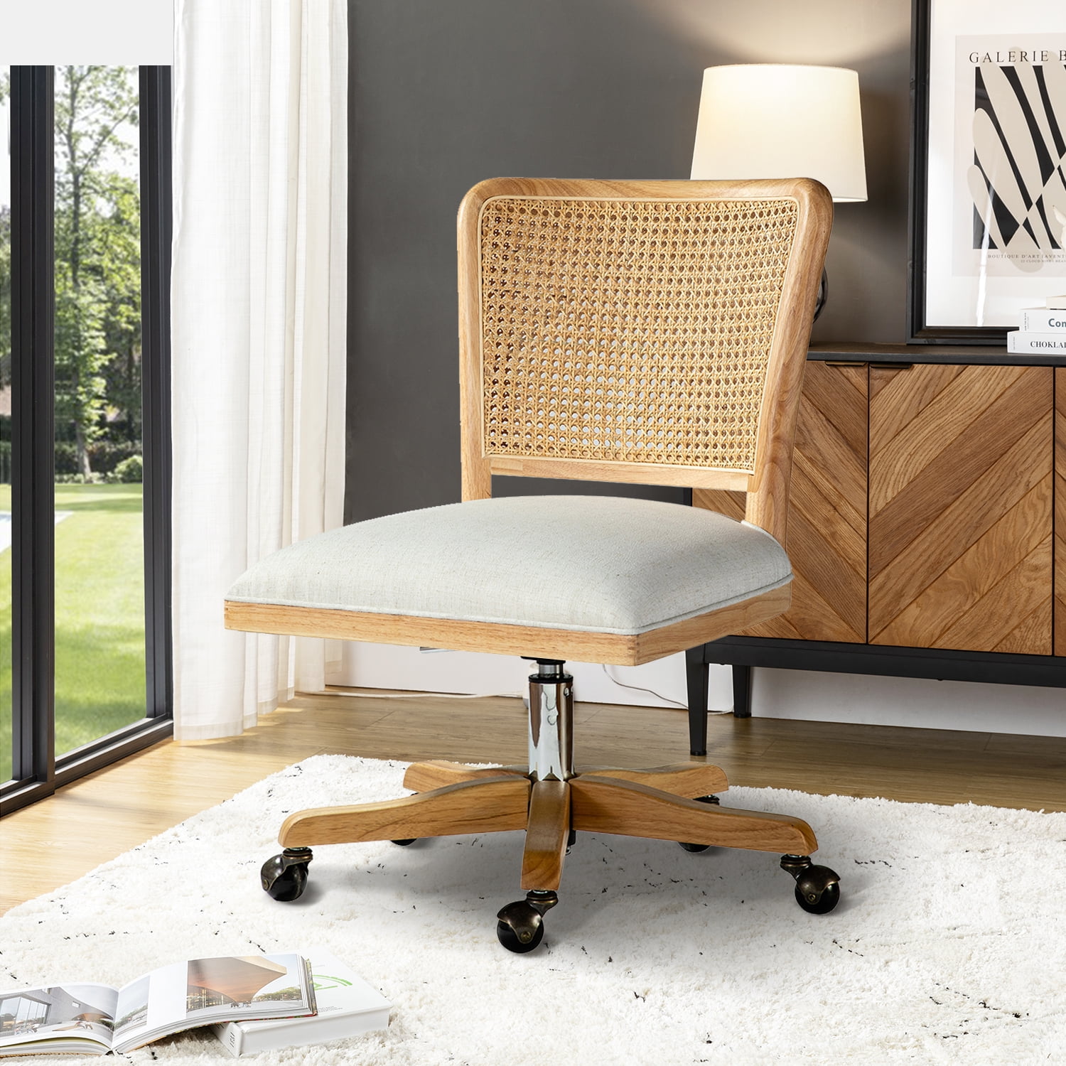 Tina's Home Swivel Task Chair with Rattan Back, Solid Wood Legs and ...