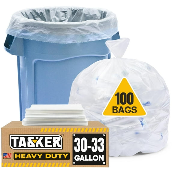 Tasker 30-33 Gallon Trash Bags Heavy Duty (Value 100/Bags w/Ties) Clear ...