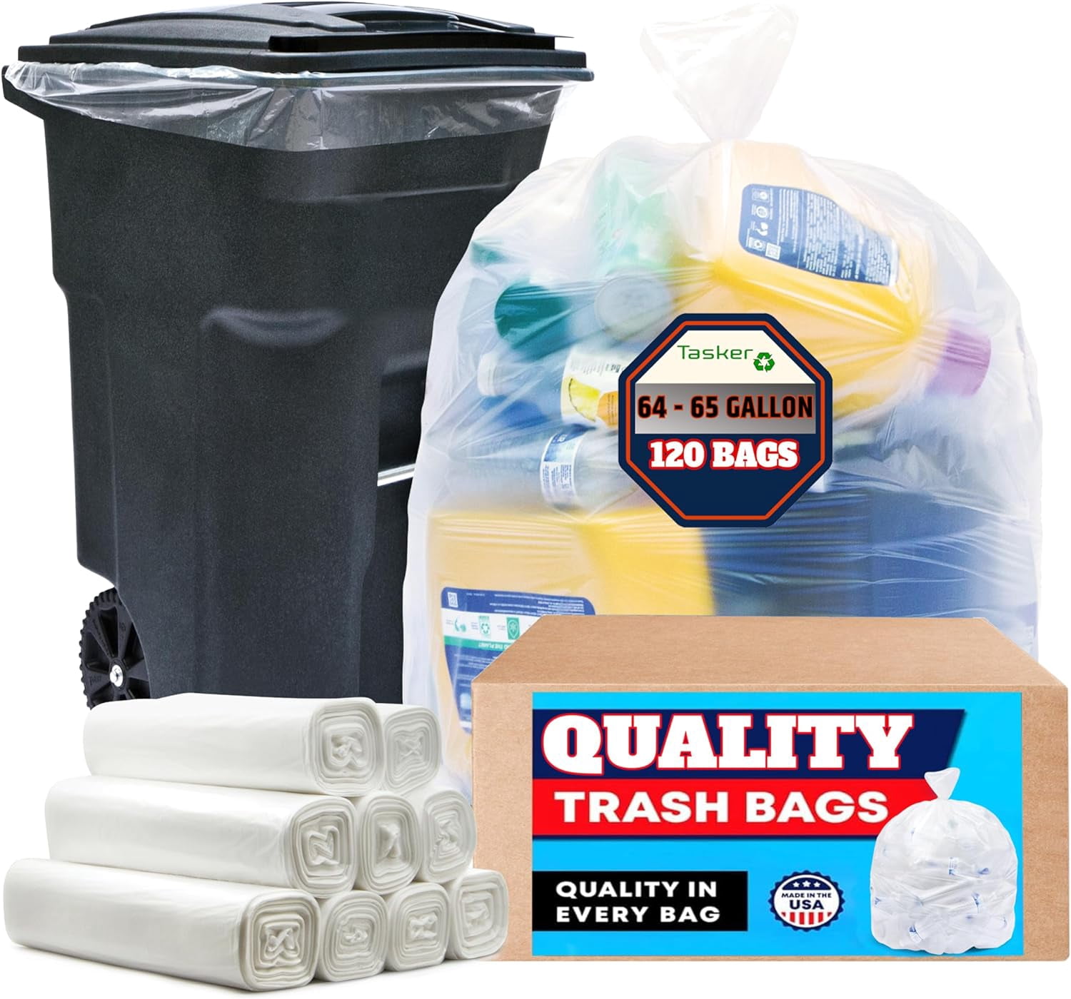Tasker 64-65 Gallon Clear Trash Bags, Clear Recycling Bag (Huge 120 ...