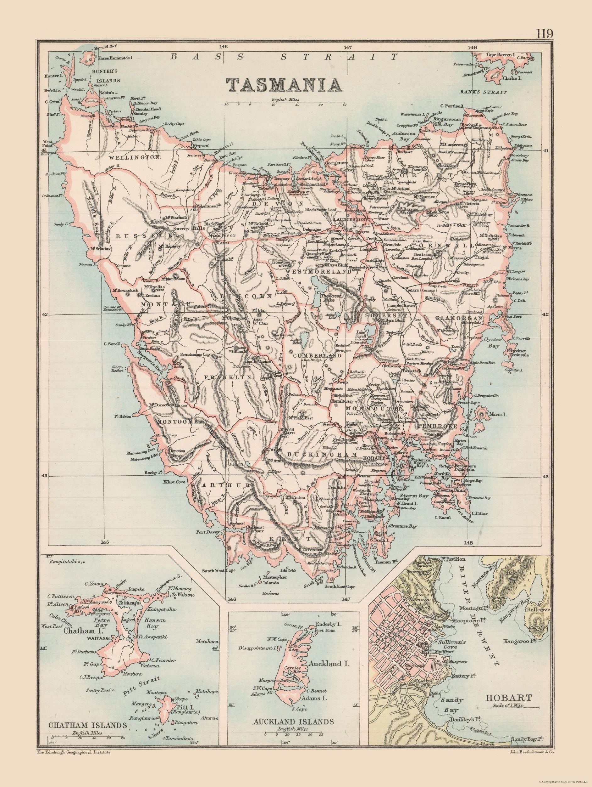 Historic Map - Tasmania Australia - Bartholomew 1892 - 30.54 x 23 ...