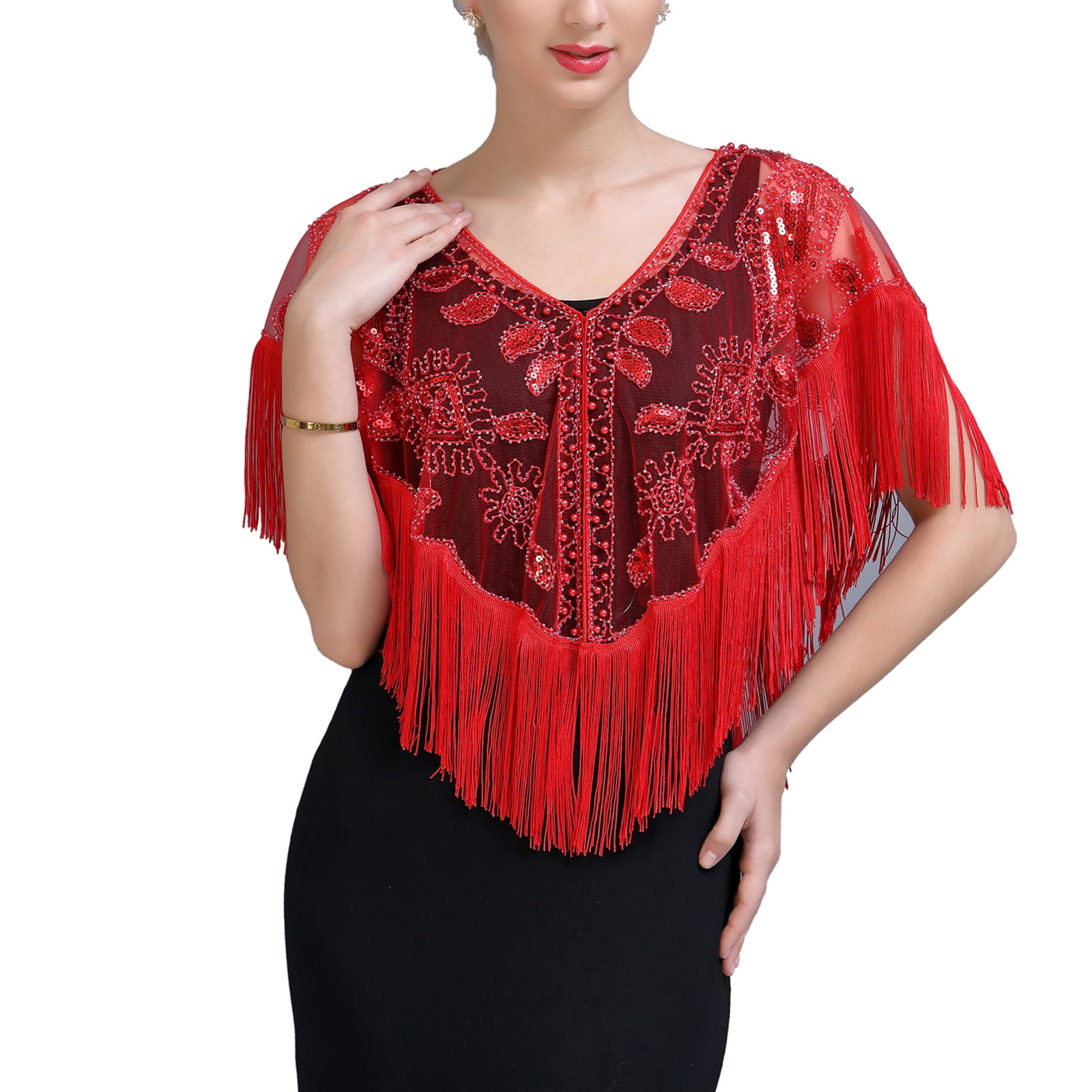 Tassel Beaded Sequin Mesh Flapper Formal Shoulder Cover Up Shawl Wraps ...