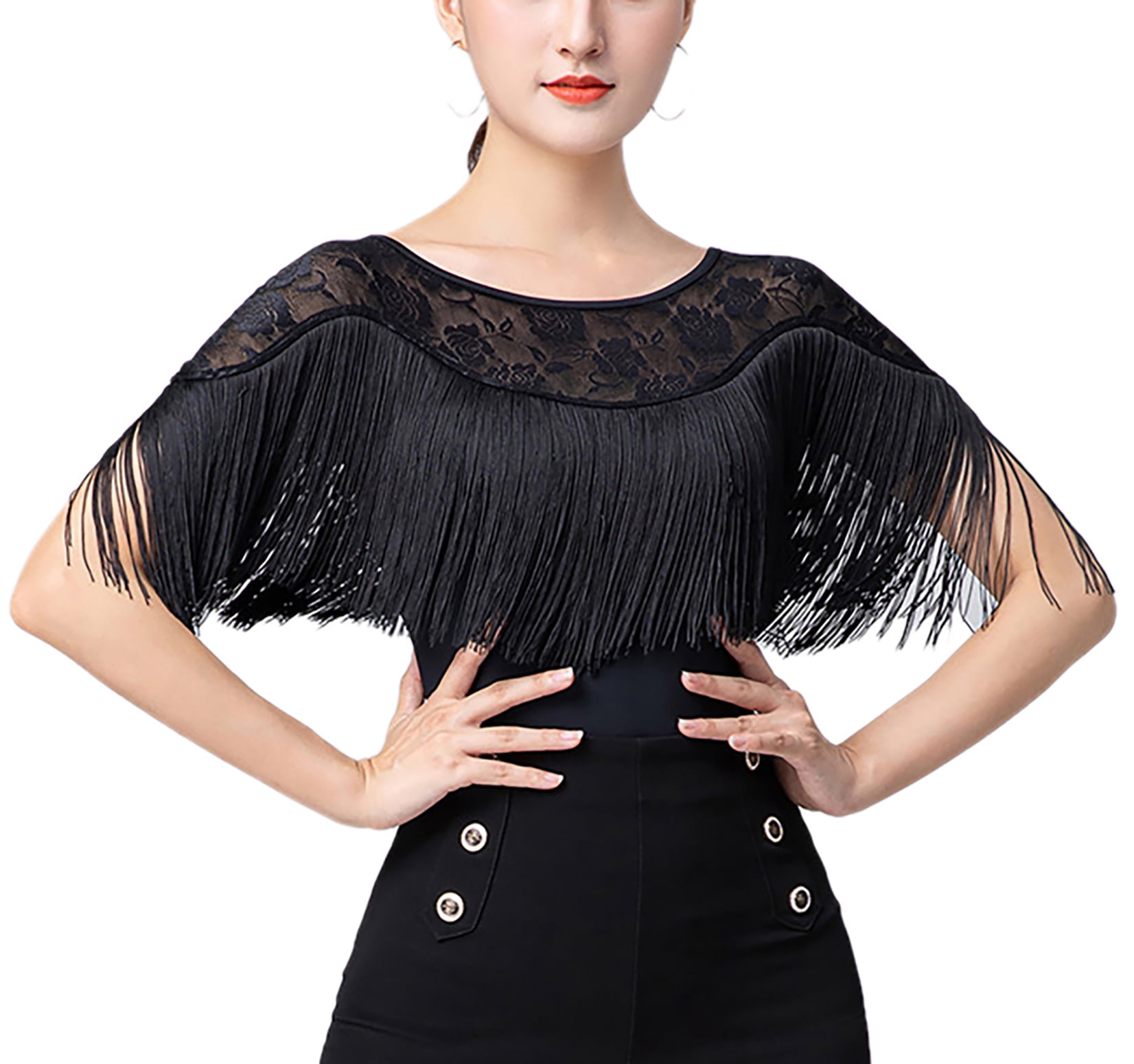 Tassel Body Blouse Top Bodysuit Transparent Mesh Neck Latin Mambo Tango ...