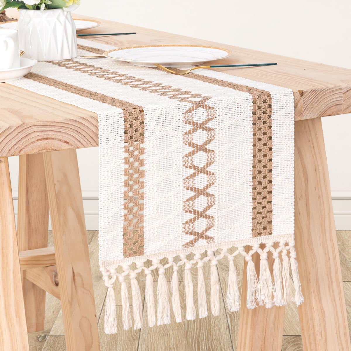 Tassel Cotton Linen Table Runner Farmhouse Style Long Table Runner ...