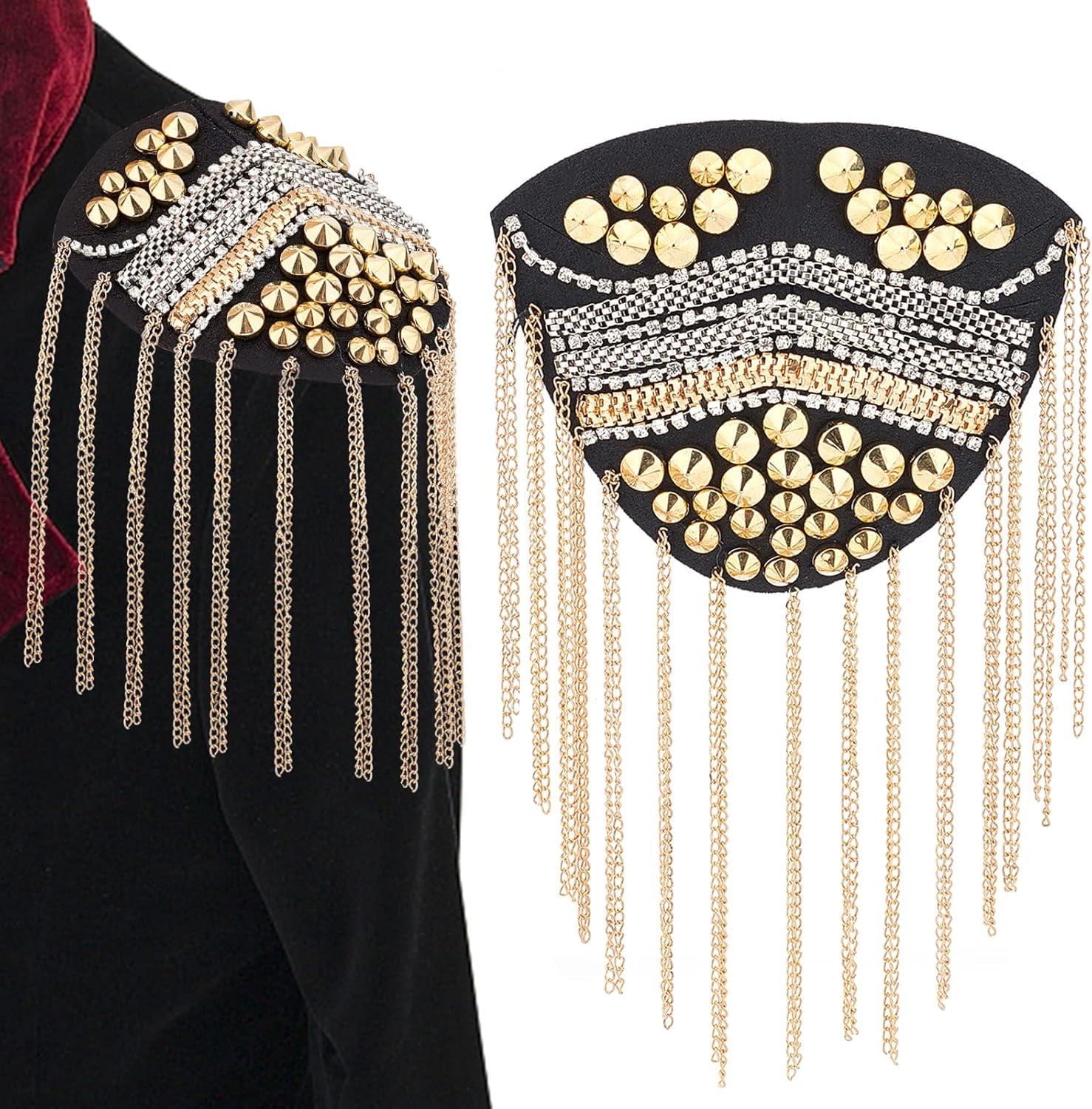 Tassel Epaulet 2pcs Rhinestone Rivet Shoulder Badge Fringe Chain Pieces ...