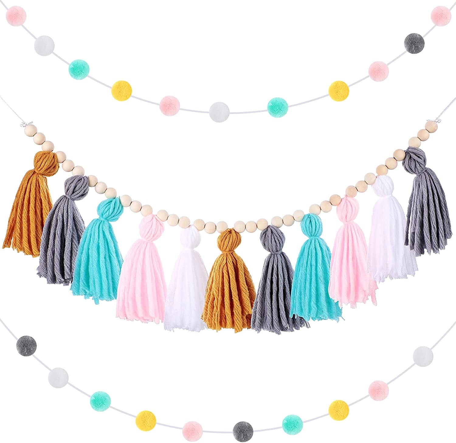 Tassel Garland Tassel Wall Hanging Decor Pastel Tassel Banner with Wood ...