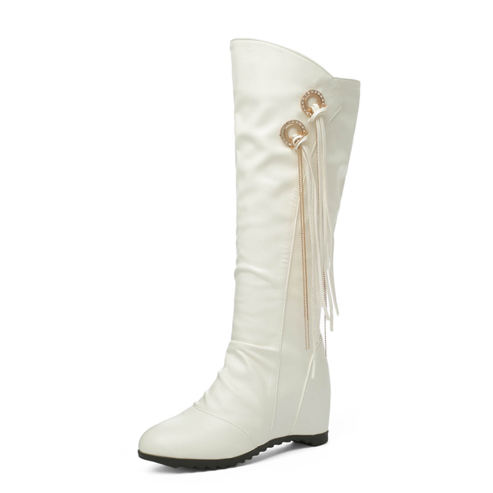 Tassel Knee High Boots Women Wide Calf Wedge Heel Side Zip Black ...