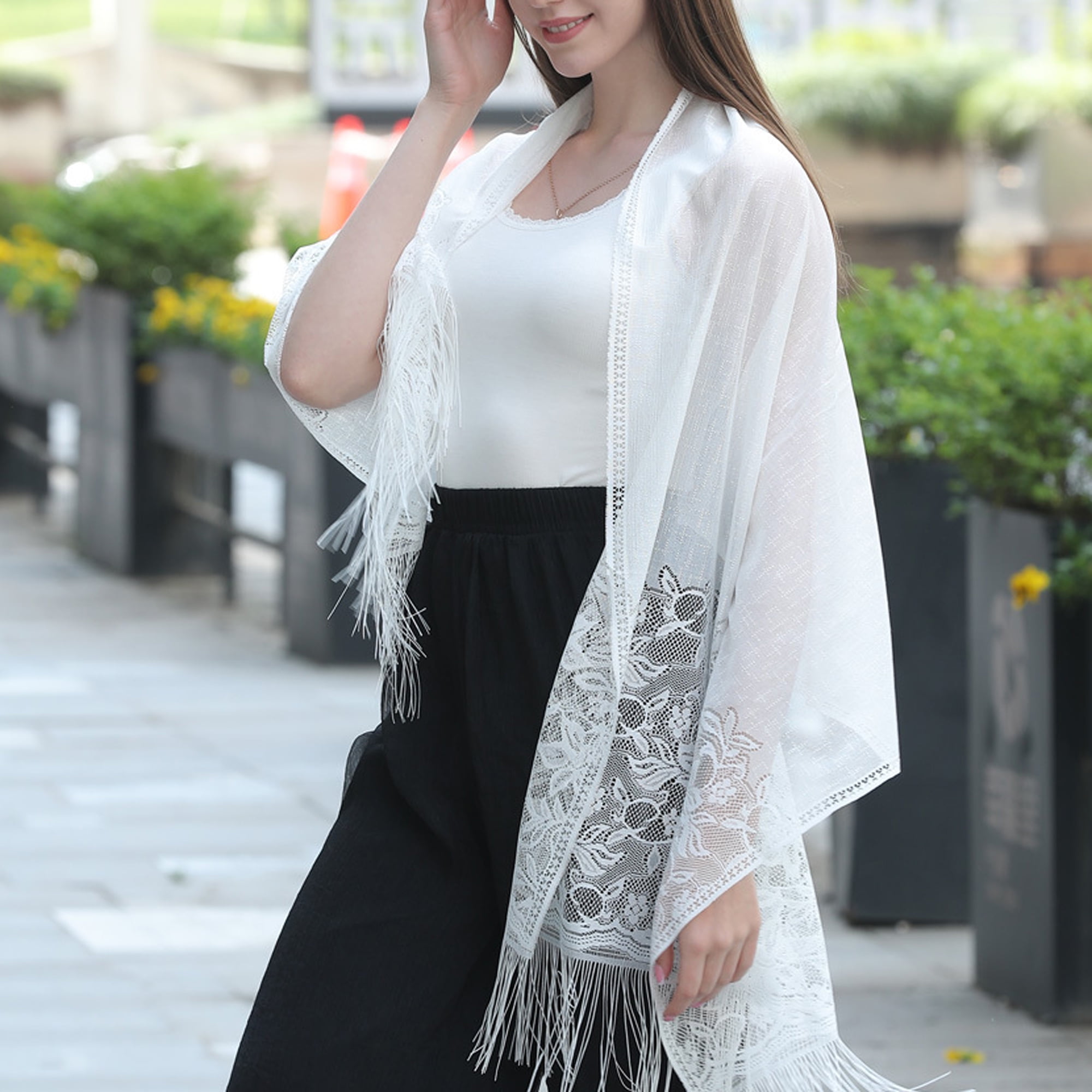 Elegant Lace Shawl with Tassel, Jacquard Pattern, Long Women's Scarf ...