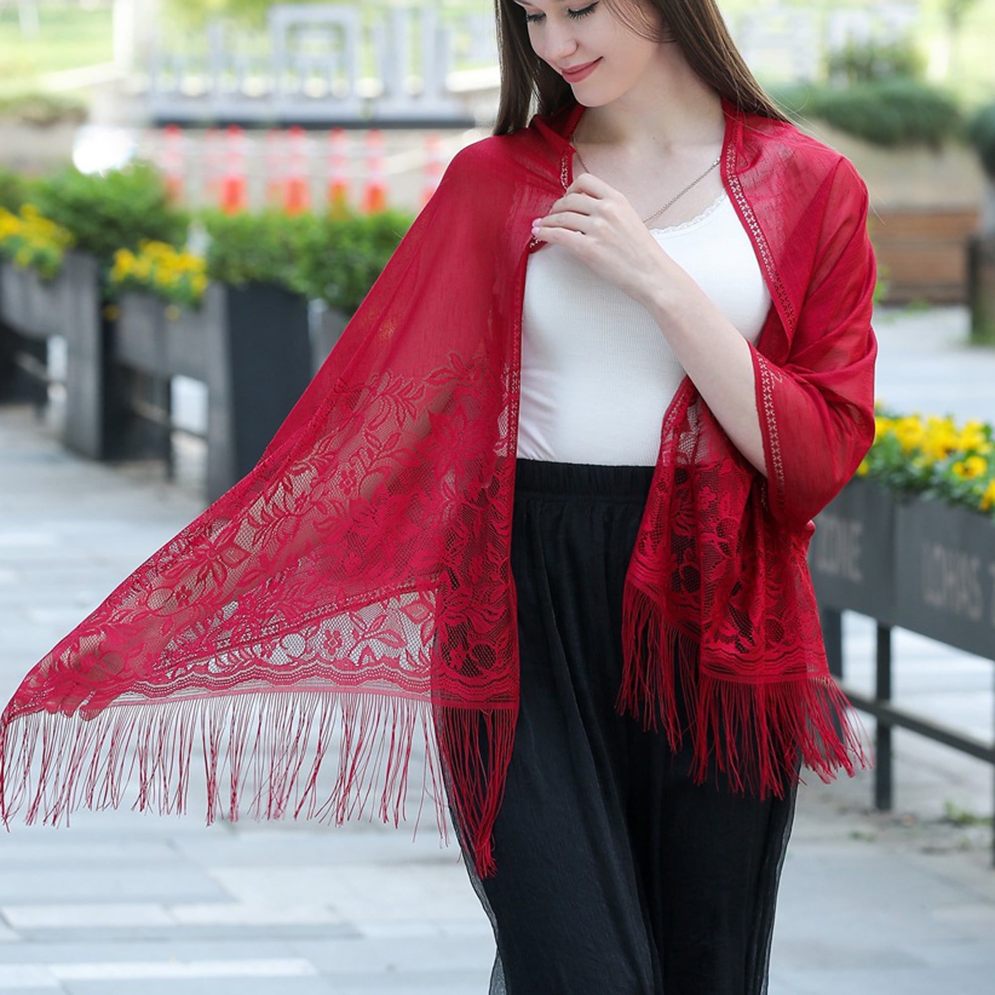Tassel Long Jacquard Women Scarf Hollow Lace Shawl Wedding Party Shawls ...