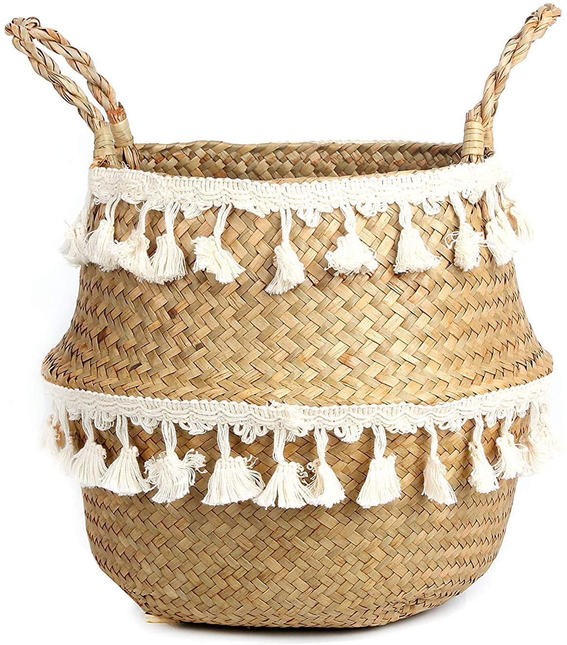 Tassel Macrame Woven Seagrass Belly Basket for Storage, Decoration ...