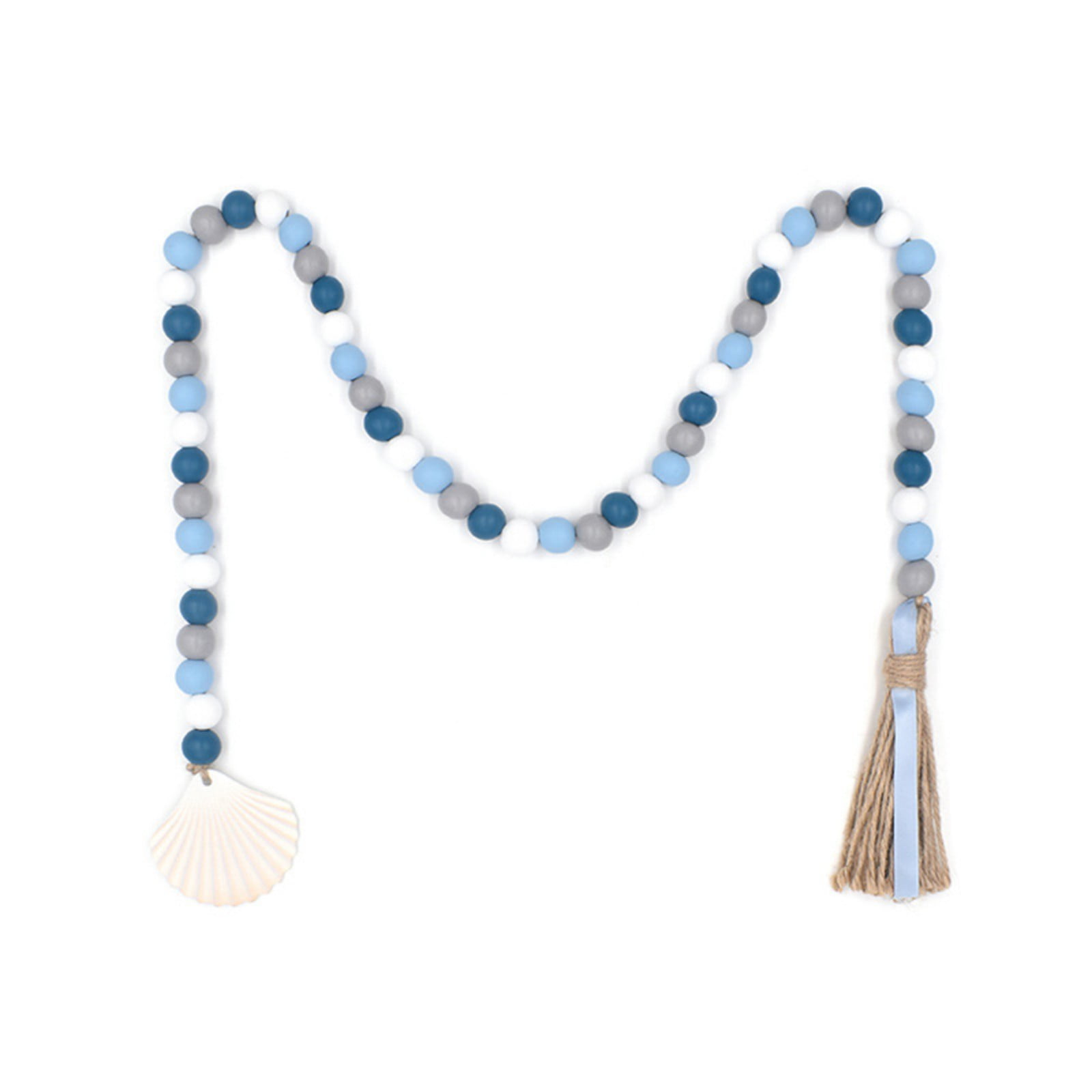 Tassel-Shell Wooden Bead String, Farmhouse Rustic Wood Beads Blue Beads ...