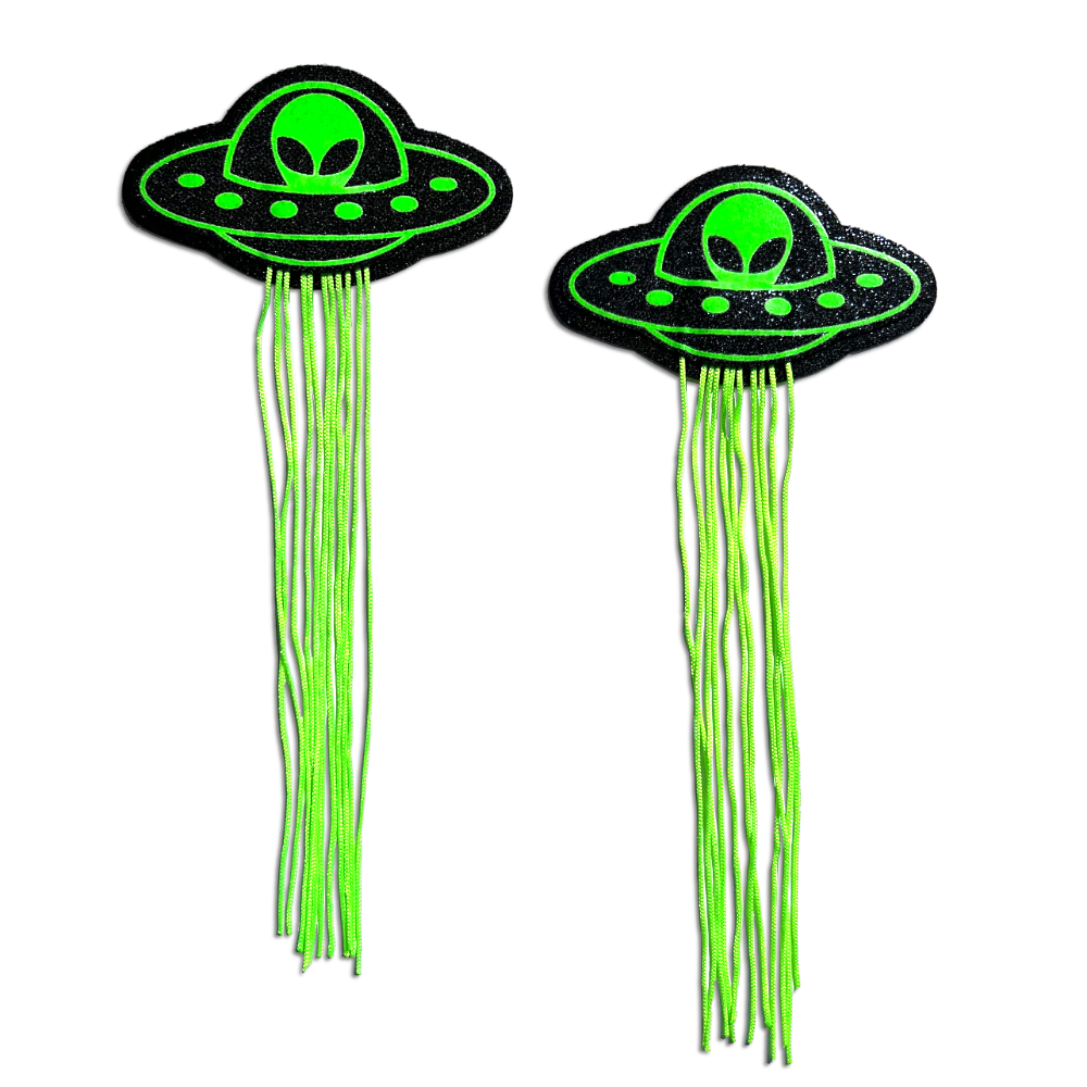 Tassel UFO Alien Glow-in-the-Dark Neon Green on Black Nipple Pasties by ...