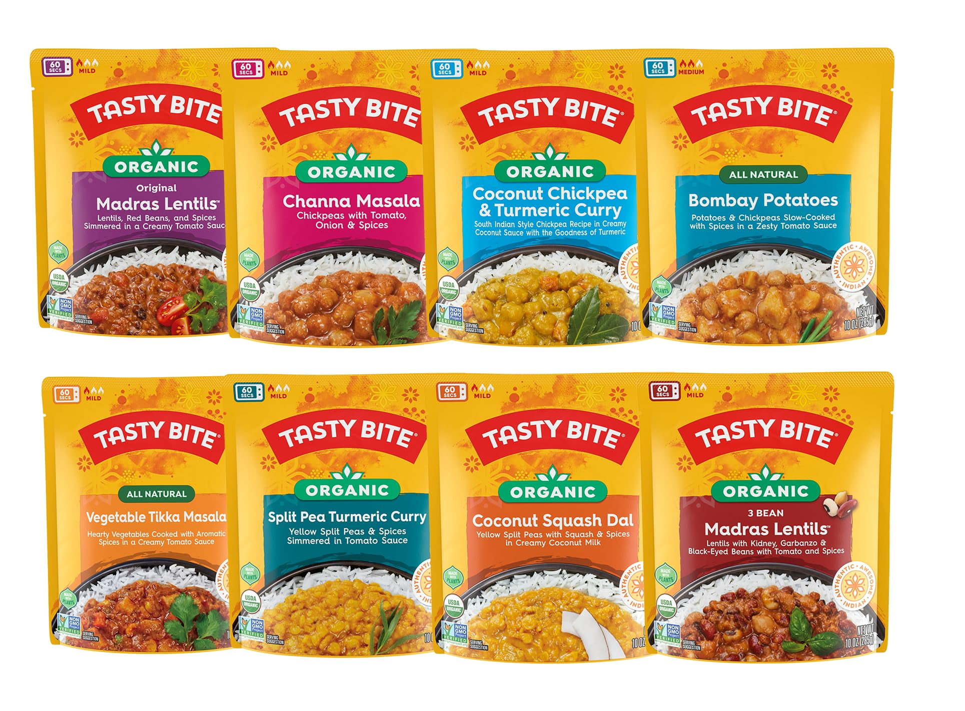 Tasty Bite Variety,ITSC Pack of 8, Madras Lentils, Bombay Tikka Masala, Channa Masala, 3Bean ...