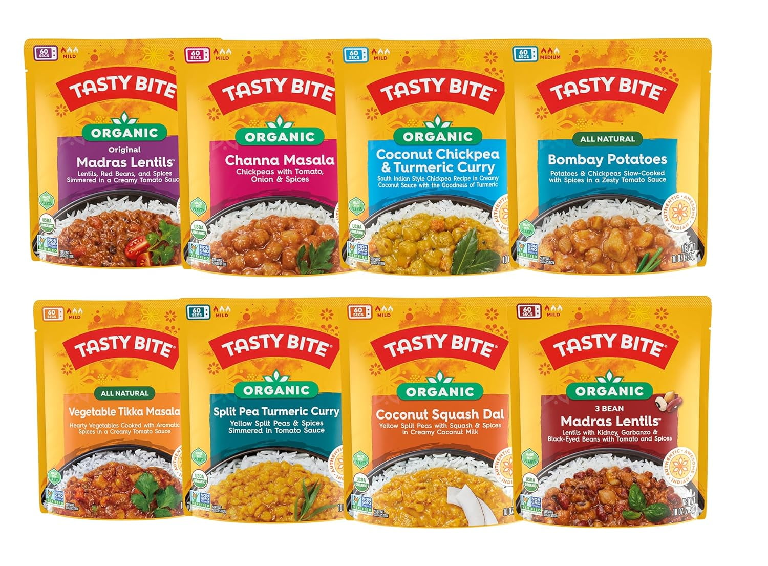 Tasty Bite Variety, Pack of 8, Madras Lentils, Bombay Potatoes ...
