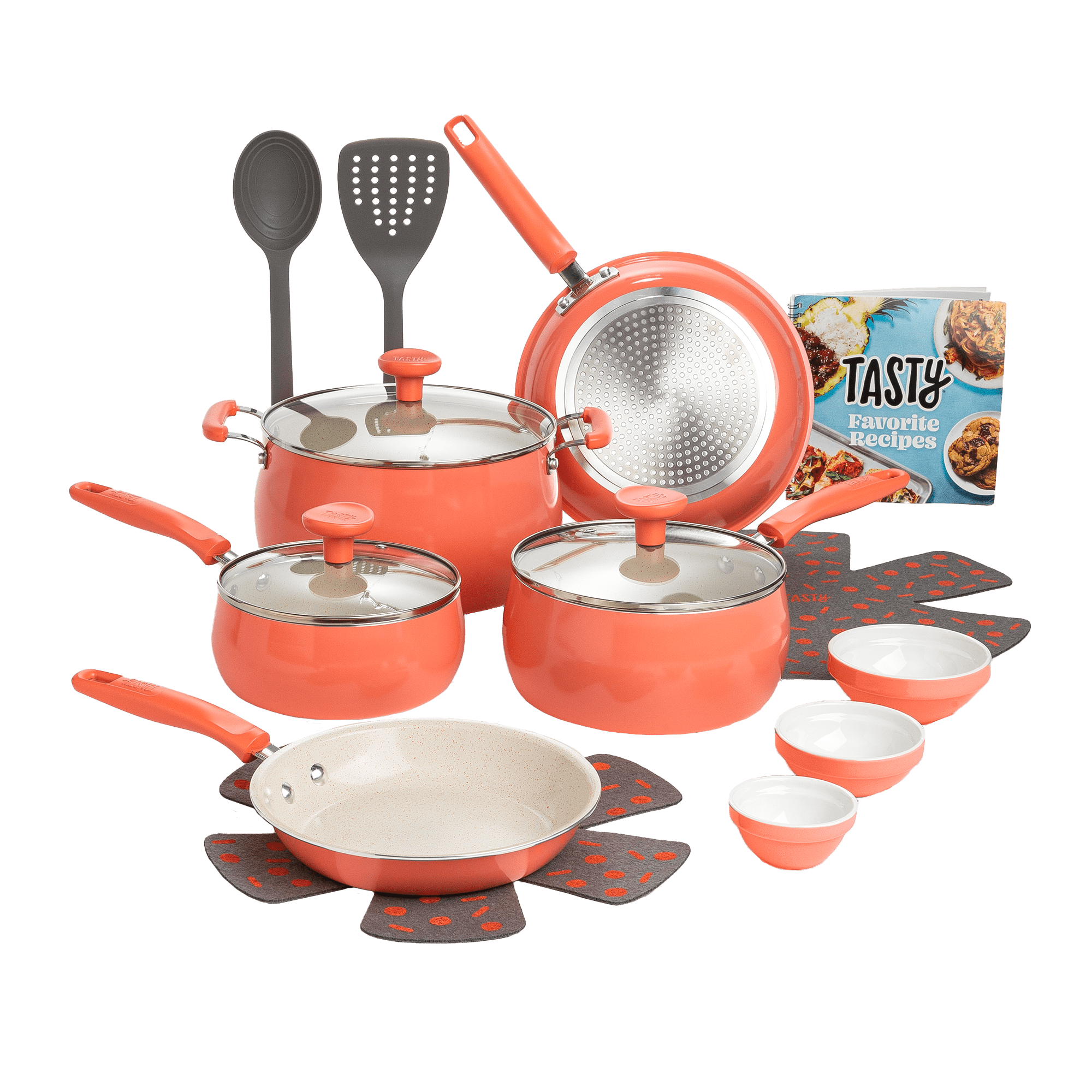 Tasty Clean Ceramic 16 Piece Non-Stick Aluminum Cookware Set, Coral ...