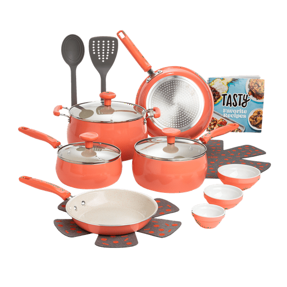 Tasty Clean Ceramic 16 Piece Non-Stick Aluminum Cookware Set, Coral - Walmart.com